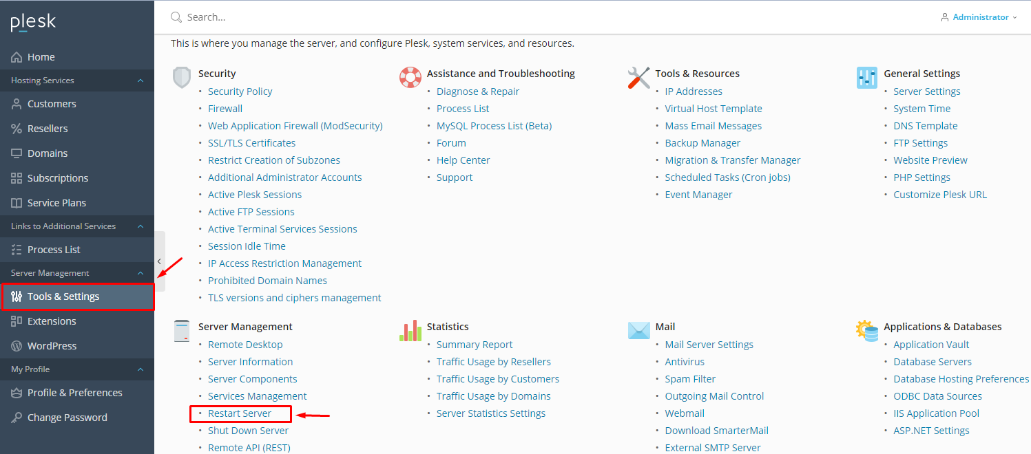 How To Restart A Server Using Plesk Web Hosting Faqs By Milesweb